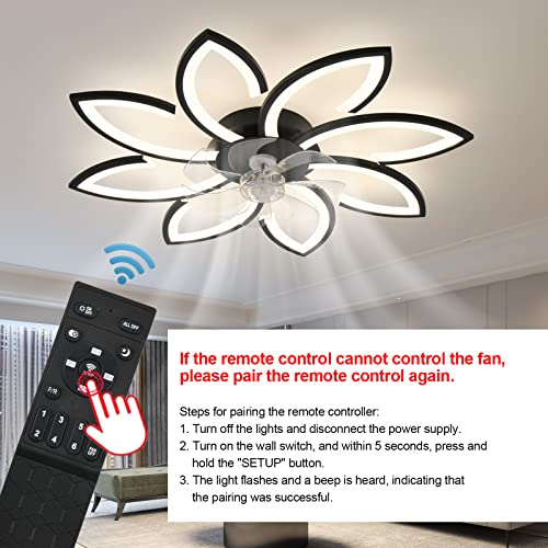 ZHMDJDSH Ceiling Fan with Light Remote Control, 35" 6 Speeds 3 Colors Geometric Bladeless Ceiling Fan with Lights, Black Low Profile Flush Mount Ceiling Fan for Kitchen Bedroom Living Room