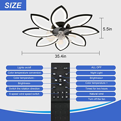 ZHMDJDSH Ceiling Fan with Light Remote Control, 35" 6 Speeds 3 Colors Geometric Bladeless Ceiling Fan with Lights, Black Low Profile Flush Mount Ceiling Fan for Kitchen Bedroom Living Room