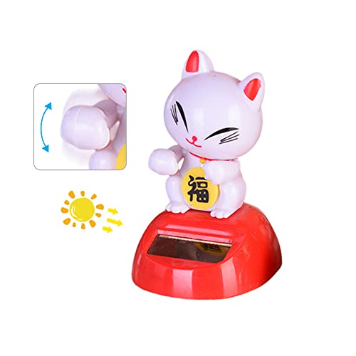 Solar Cat Bobble Shaking Head Dancing Toy Cat Figurine Statue Car Dash Board Lucky Cat Shaking Dancing Ornaments Statues for Car Home Offices Vehicle Decoration (White)