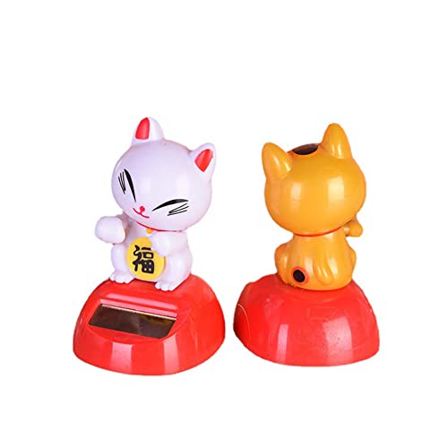 Solar Cat Bobble Shaking Head Dancing Toy Cat Figurine Statue Car Dash Board Lucky Cat Shaking Dancing Ornaments Statues for Car Home Offices Vehicle Decoration (White)