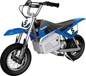 razor mx350 dirt rocket electric motocross off-road bike for age 13+, up to 30 minutes continuous ride time, 12" air-filled tires, hand-operated rear brake, twist grip throttle, chain-driven motor