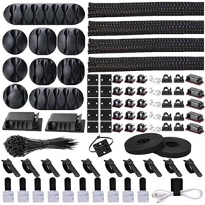 cord management organizer kit 4 cable sleeve split with 41self adhesive cable clips holder, 10pcs and 2 roll self adhesive tie and 100 fastening cable ties for tv office car desk home