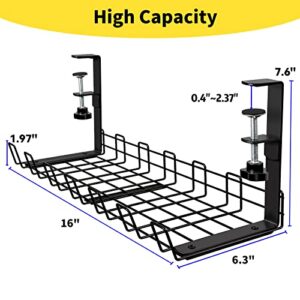 Under Desk Cable Management Tray - No Drilling, 16 x 6.3 x 7.6 inch High-Capacity Wire Management Under Desk,Cord Management Under Desk with Desk Clamp,No Damage to Desk,Fits Most Desks