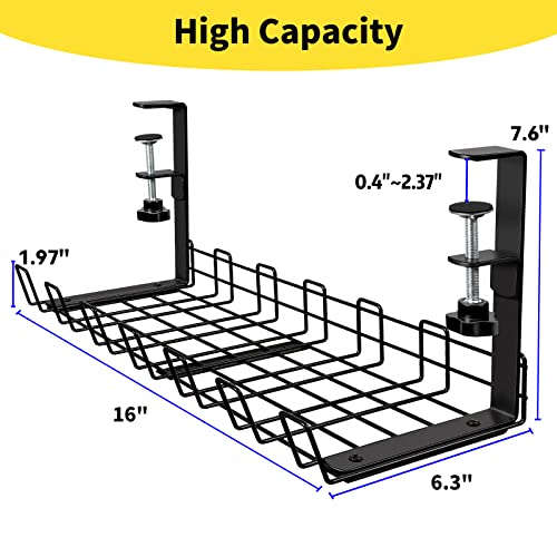 Under Desk Cable Management Tray - No Drilling, 16 x 6.3 x 7.6 inch High-Capacity Wire Management Under Desk,Cord Management Under Desk with Desk Clamp,No Damage to Desk,Fits Most Desks