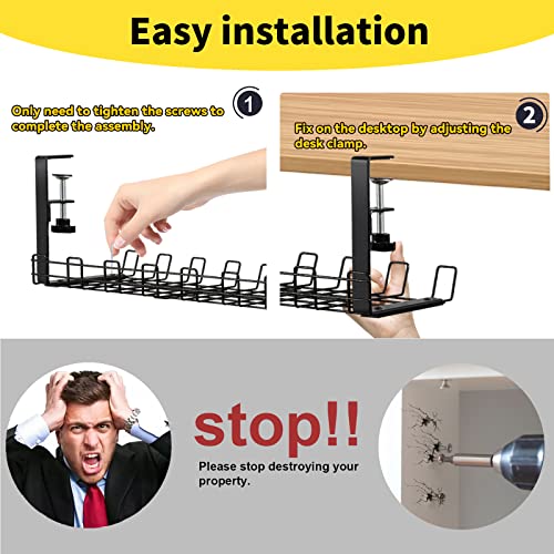 Under Desk Cable Management Tray - No Drilling, 16 x 6.3 x 7.6 inch High-Capacity Wire Management Under Desk,Cord Management Under Desk with Desk Clamp,No Damage to Desk,Fits Most Desks