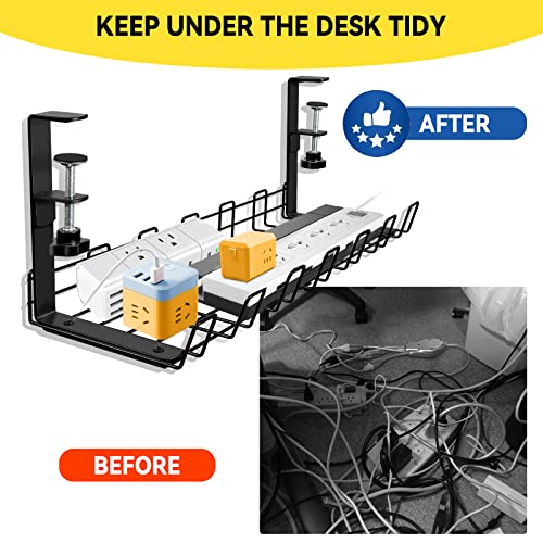 Under Desk Cable Management Tray - No Drilling, 16 x 6.3 x 7.6 inch High-Capacity Wire Management Under Desk,Cord Management Under Desk with Desk Clamp,No Damage to Desk,Fits Most Desks