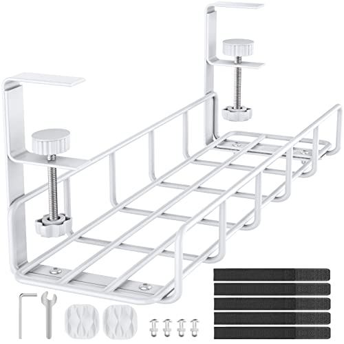 Under Desk Cable Management Tray, 15.7'' White No Drill Steel Desk Cable Organizers, Wire Management Tray Cable Management Rack, Desk Cable Tray with Wire Organizer and Desk Cord Organizer