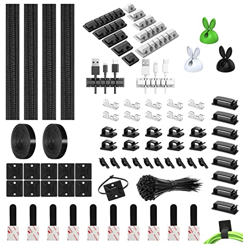 MOGINSOK 177pcs Cable Management Kit, 4xCable Sleeves 10 Cable Cord Holders 41 Cable Clips/Straps 100pcs Cable Ties 2 Roll Self Adhesive 20pcs Velcro Tape Cable Organizers for Car Desk Home Office