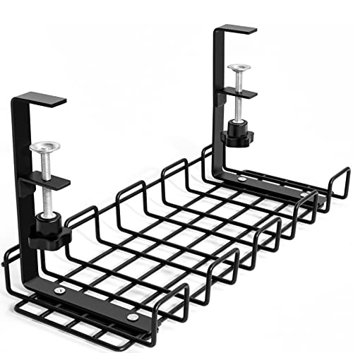 Quszmd Under Desk Cable Management Tray No Drill - Under Desk Cable Organizer for Wire Management. Super Sturdy Desk Cable Rack .Standing Desk Cable Management (16" Black Wire Tray)