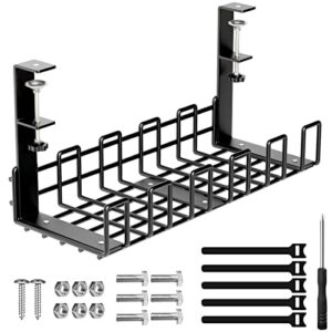 under desk cable management tray, waysse 13'' no drill steel desk cable organizers, cord organizer management tray with clamp, desk wire management rack for office, home - no damage to desk