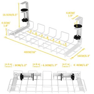 Under Desk Cable Management Tray, 40cm Upgraded No Holes to Drill Under Desk Cord Fodable Clamp Organizer for Wire Management Metal Holder for Home, Office and Kitchen (1 Pack, White)