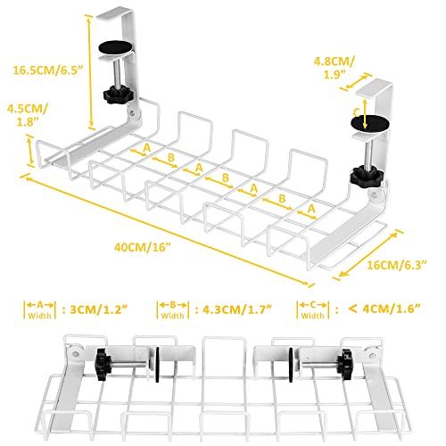 Under Desk Cable Management Tray, 40cm Upgraded No Holes to Drill Under Desk Cord Fodable Clamp Organizer for Wire Management Metal Holder for Home, Office and Kitchen (1 Pack, White)