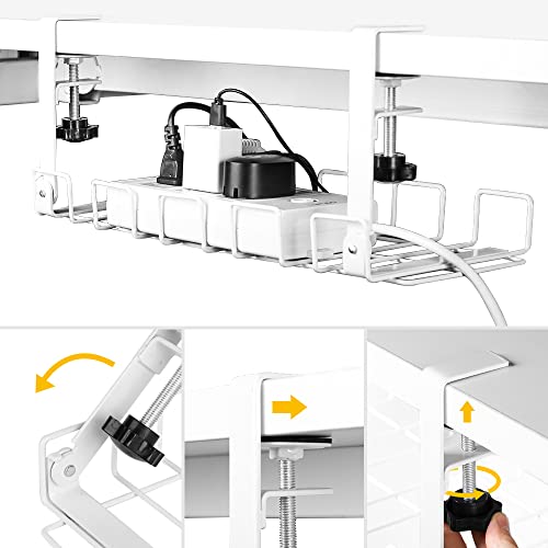 Under Desk Cable Management Tray, 40cm Upgraded No Holes to Drill Under Desk Cord Fodable Clamp Organizer for Wire Management Metal Holder for Home, Office and Kitchen (1 Pack, White)