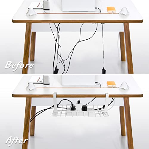 Under Desk Cable Management Tray, 40cm Upgraded No Holes to Drill Under Desk Cord Fodable Clamp Organizer for Wire Management Metal Holder for Home, Office and Kitchen (1 Pack, White)