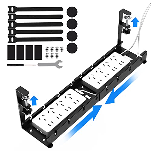 Vovapis Cable Management Under Desk, Retractable Cord Organizer for Desk, No Drill No Damage, Sturdy Metal Wire Organizer Under Desk with Clamp for Office Home, 11.8"-21.6"*4.7"7.5", Black Raceway