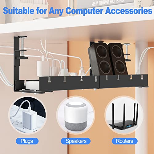 Vovapis Cable Management Under Desk, Retractable Cord Organizer for Desk, No Drill No Damage, Sturdy Metal Wire Organizer Under Desk with Clamp for Office Home, 11.8"-21.6"*4.7"7.5", Black Raceway