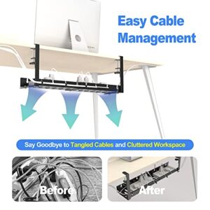 Vovapis Cable Management Under Desk, Retractable Cord Organizer for Desk, No Drill No Damage, Sturdy Metal Wire Organizer Under Desk with Clamp for Office Home, 11.8"-21.6"*4.7"7.5", Black Raceway