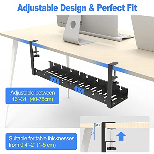 Vovapis Cable Management Under Desk, Retractable Cord Organizer for Desk, No Drill No Damage, Sturdy Metal Wire Organizer Under Desk with Clamp for Office Home, 11.8"-21.6"*4.7"7.5", Black Raceway