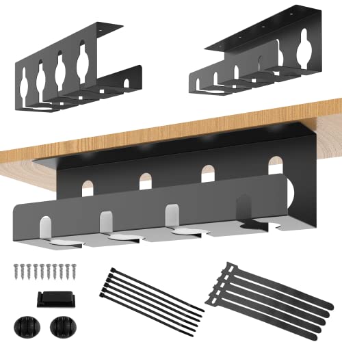 Cable Management Under Desk, 2 Pack 15.75 inch Metal Cable Management Tray Table Cable Raceway for Office & Home with Wire Organizer and Desk Cord Organizer Black