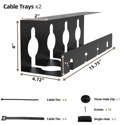 Cable Management Under Desk, 2 Pack 15.75 inch Metal Cable Management Tray Table Cable Raceway for Office & Home with Wire Organizer and Desk Cord Organizer Black