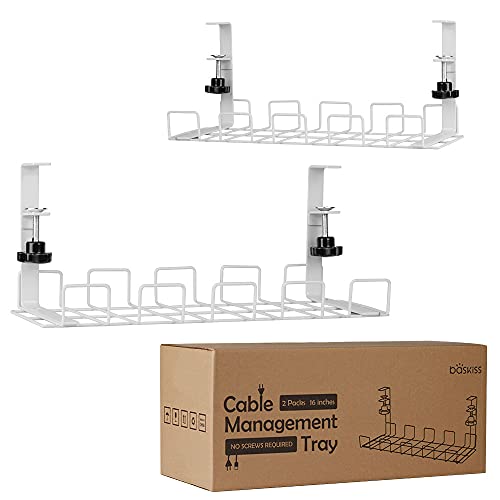 Under Desk Cable Management Tray 2 Packs, 40 cm Under Desk Cord Organizer with Clamp Mount System for Wire Management, Metal Wire Cable Holder for Desks, Offices and Kitchens, No Need to Drill Holes