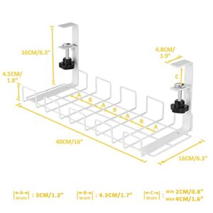 Under Desk Cable Management Tray 2 Packs, 40 cm Under Desk Cord Organizer with Clamp Mount System for Wire Management, Metal Wire Cable Holder for Desks, Offices and Kitchens, No Need to Drill Holes