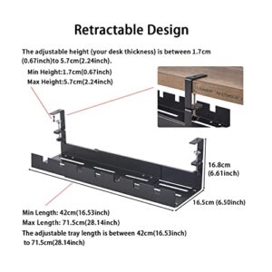 Expandable Under Desk Cable Management Tray, Max Load 22lbs, Clamp Mount, Super Sturdy Metal, No Drill, Cord Organizer for Home and Office, Black