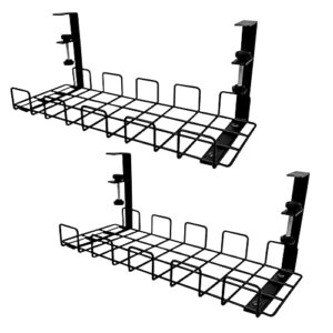 No Drill Under Desk Cable Management Tray 2 Pack, Under Desk Cord Organizer, Metal Wire Cable Holder for Desks and Offices, No Need to Drill Holes