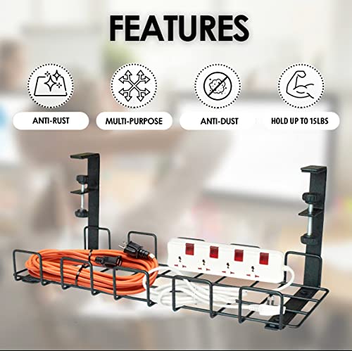 No Drill Under Desk Cable Management Tray 2 Pack, Under Desk Cord Organizer, Metal Wire Cable Holder for Desks and Offices, No Need to Drill Holes