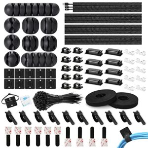 173 pcs cable management organizer kit, include 4 cable sleeve split with 47 self adhesive cable clips holder, 10 cable ties, 10 adhesive wall cable tie, 100 fasten cable ties, 2 x roll cable ties