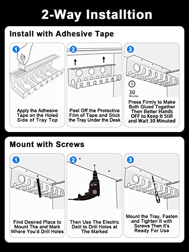 Under Desk Cable Management Tray 2 Pack, Metal Cable Tray Basket for Wire Management, No Drill/Drill PC Cord Organizer for Home Office Computer Desk Cable Hider, 15.75x4.72x4.72in, Black Raceway