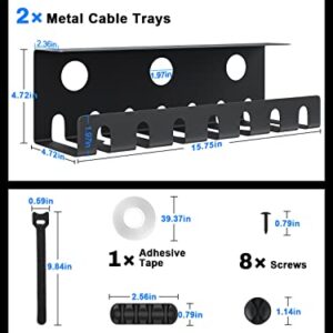 Under Desk Cable Management Tray 2 Pack, Metal Cable Tray Basket for Wire Management, No Drill/Drill PC Cord Organizer for Home Office Computer Desk Cable Hider, 15.75x4.72x4.72in, Black Raceway