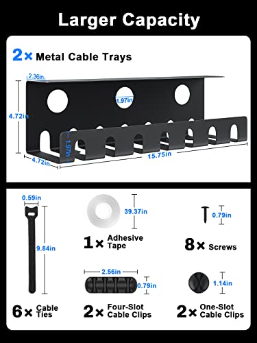 Under Desk Cable Management Tray 2 Pack, Metal Cable Tray Basket for Wire Management, No Drill/Drill PC Cord Organizer for Home Office Computer Desk Cable Hider, 15.75x4.72x4.72in, Black Raceway