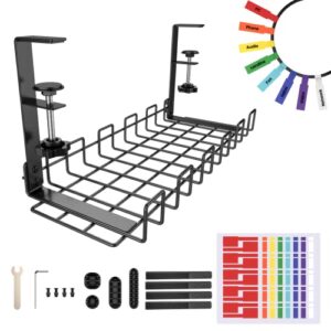 under desk cable management tray 1 pack, 15.7'' no drill under desk cable organizer with 8 color cable labels, steel cable management tray for office desks, black