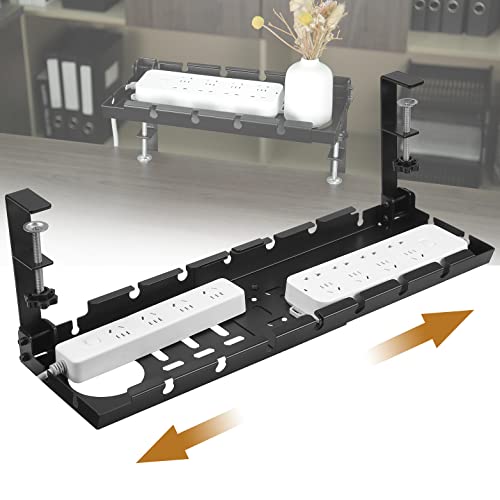 yamagahome Under Desk Cable Management Tray, 14"-21" Retractable Cord Organizer for Desk, No Drill Cable Tray Basket for Wire Management, Sturdy Metal Cable Management with Clamp for Home Office