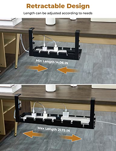 yamagahome Under Desk Cable Management Tray, 14"-21" Retractable Cord Organizer for Desk, No Drill Cable Tray Basket for Wire Management, Sturdy Metal Cable Management with Clamp for Home Office