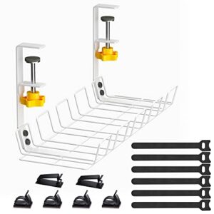 aosyco cable management tray under desk, no drill cable management rack, upgraded clamp mount table wire management holder, with 12pcs cord organizer manager, 16" white desk cable tray 1pack