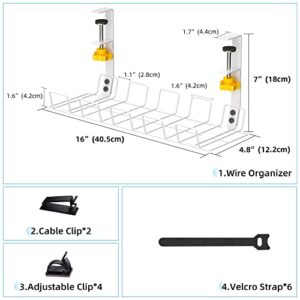 AOSYCO Cable Management Tray Under Desk, No Drill Cable Management Rack, Upgraded Clamp Mount Table Wire Management Holder, with 12PCS Cord Organizer Manager, 16" White Desk Cable Tray 1PACK