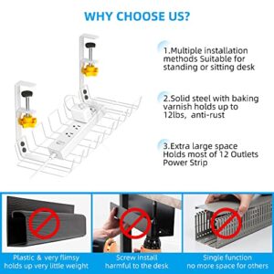 AOSYCO Cable Management Tray Under Desk, No Drill Cable Management Rack, Upgraded Clamp Mount Table Wire Management Holder, with 12PCS Cord Organizer Manager, 16" White Desk Cable Tray 1PACK