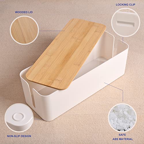 Cable Management Box - Wooden Style Large Cord Organizer Box to Hide Wires & Power Strips | Desk Computer Cable Organizer Box | Safe ABS Material |16" (L) x 6.2" (W) 5.3" (H)|for Home & Office - White