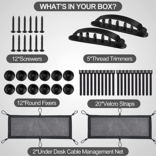 2 Sets Cable Management Net Under Desk Kit, 27 x 9'' Privacy Large Capacity Cord Organizer with 2 Desk Cord Organizer 6 Hooks 6 Screws and 20 Cable Ties for Office Standing Desk Home