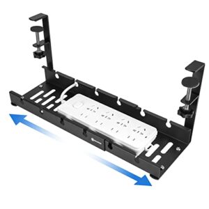 caszlution under desk cable management tray, no drill steel desk cord organizer with clamp mount, retractable wire management tray under table cable rack for office home - black