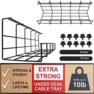 under desk cable management tray, cord organizer for desk, cable organizer, wire organizer, cord management, cable management under desk, wire holders for desk - black cable tray - set of 2x 16"