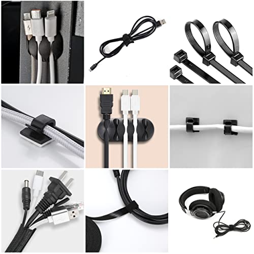 204pcs Cord Management Organizer Kit ,include 4 Cable Sleeve Split with 45 Self Adhesive Cable Clips Holder, 5 Rolls and 30 pcs Adhesive Ties, 100 Nylon Fasten Cable Ties for TV Office Car Desk Home