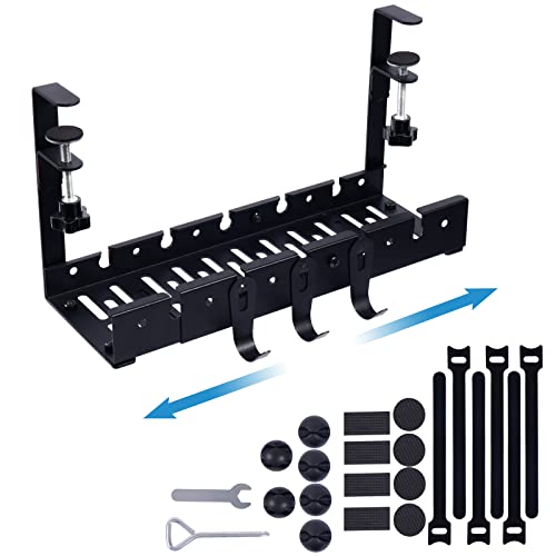 Under Desk Cable Management Tray Kit, Retractable Wire Organizer for Desk, No Drill Cable Tray Basket with 3 Separable Hooks for Bags, Cord Management Rack for Home Office