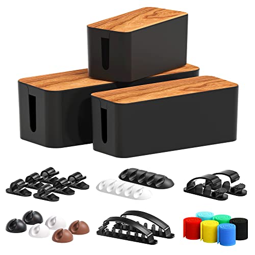 Cable Management Box 3 Pack with 16 Cable Clips Set-Large & Medium & Small Wooden Style Cable Organizer Box to Hide Wires&Power Strips | Cord Organizer Box | Cable Organizer for Home & Office [Black]