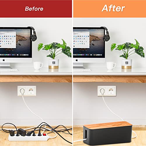 Cable Management Box 3 Pack with 16 Cable Clips Set-Large & Medium & Small Wooden Style Cable Organizer Box to Hide Wires&Power Strips | Cord Organizer Box | Cable Organizer for Home & Office [Black]