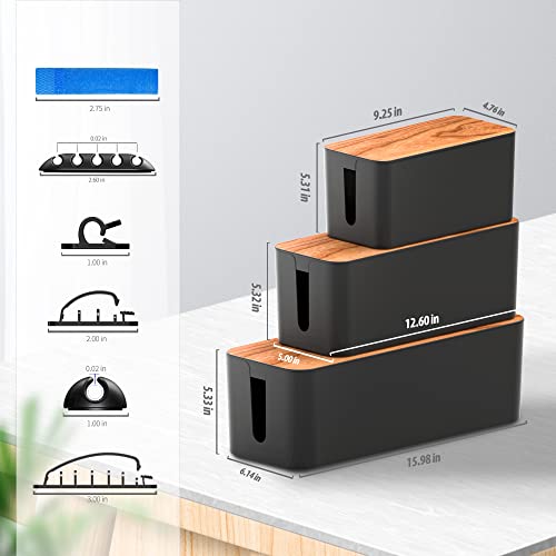 Cable Management Box 3 Pack with 16 Cable Clips Set-Large & Medium & Small Wooden Style Cable Organizer Box to Hide Wires&Power Strips | Cord Organizer Box | Cable Organizer for Home & Office [Black]