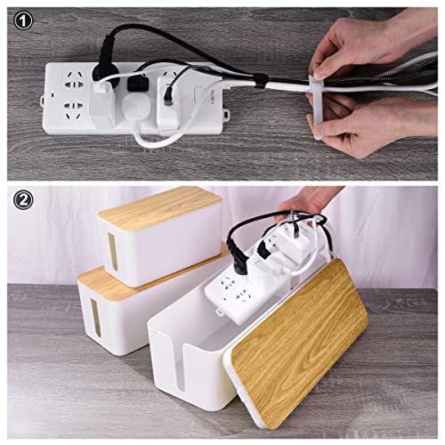 3 Pack Cable Management Box with 18 PCS Cable Management Set - Large & Medium & Small Wooden Grain Cable Organizer Box to Hide Wires & Power Strips | TV Cord Organizer Box | for Home & Office(White)