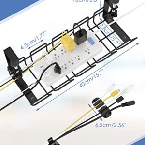 Under Desk Cable Management Tray, No Drill, 15.7'' Under Desk Cord Organizer with Clamp Cable Tray, Metal Under Desk Wire Management Wire Organizer Cord Management Tray for Desk, Classic Black